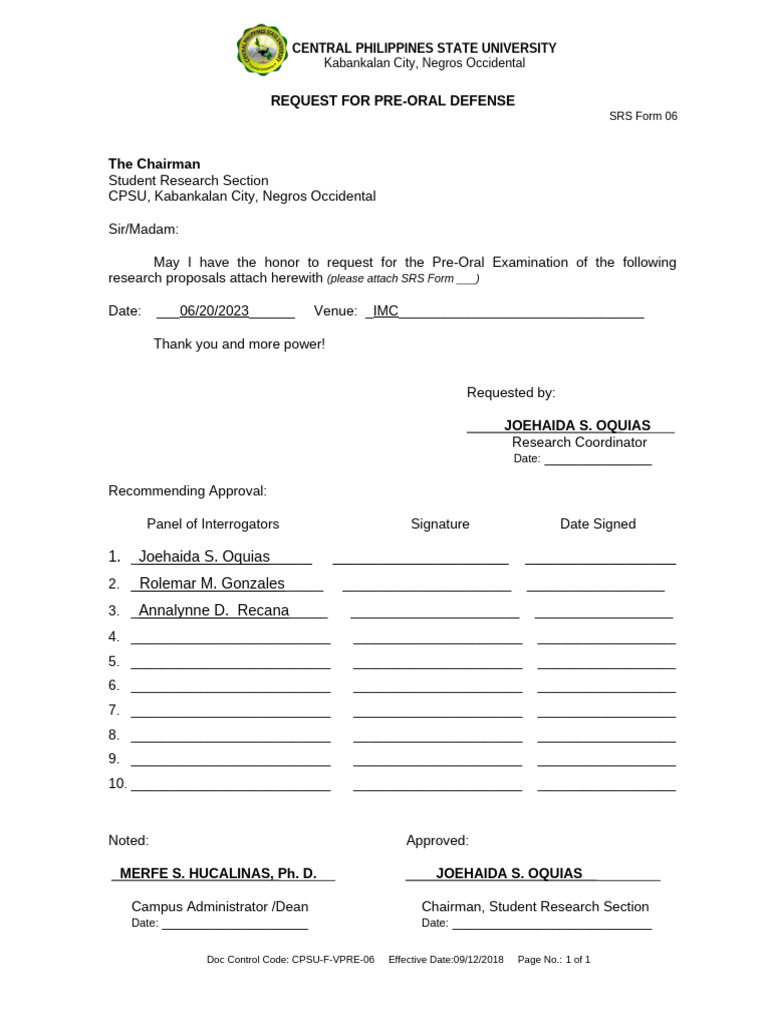 SRS Form-06 Request For Pre-Oral Defense | PDF