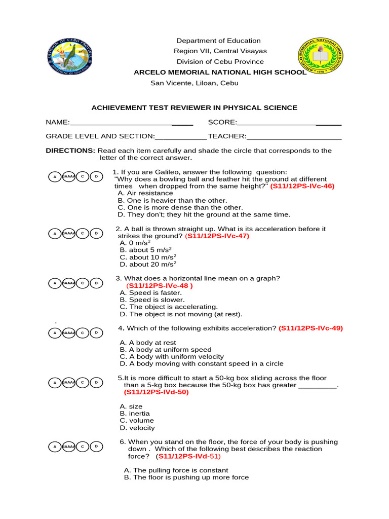 10 QUESTIONS DAT Physical Science | PDF | Force | Velocity