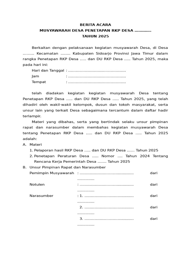 Berita Acara Musdes Penetapan RKP Desa | PDF