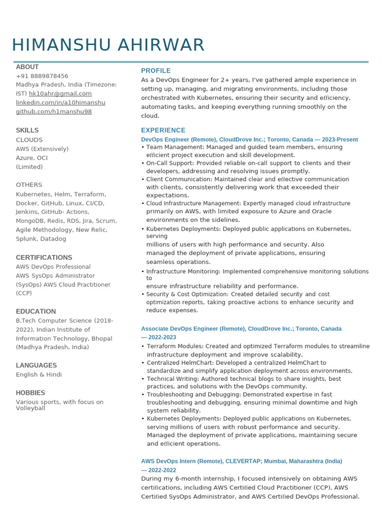 DevOps Engineer - Himanshu - Personal | PDF
