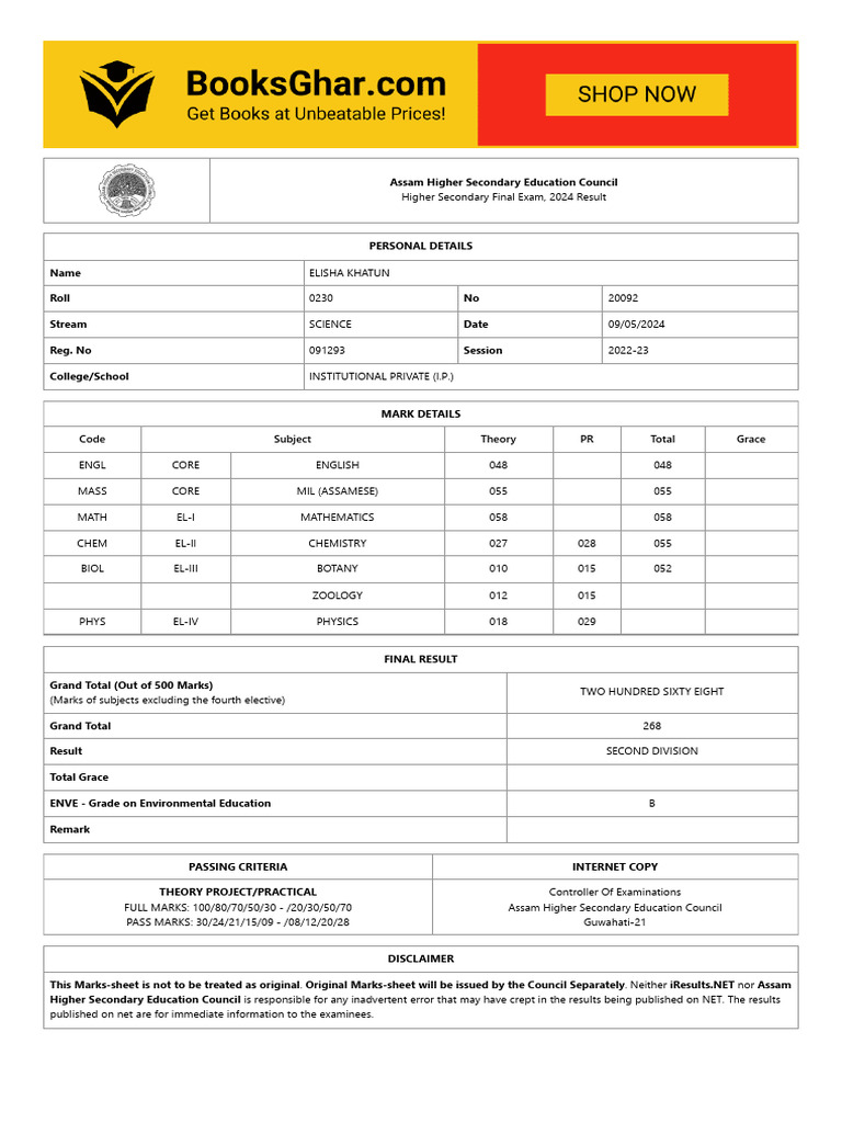 AHSEC Result 2024 - Assam Higher Secondary 2nd Year Result22 | PDF