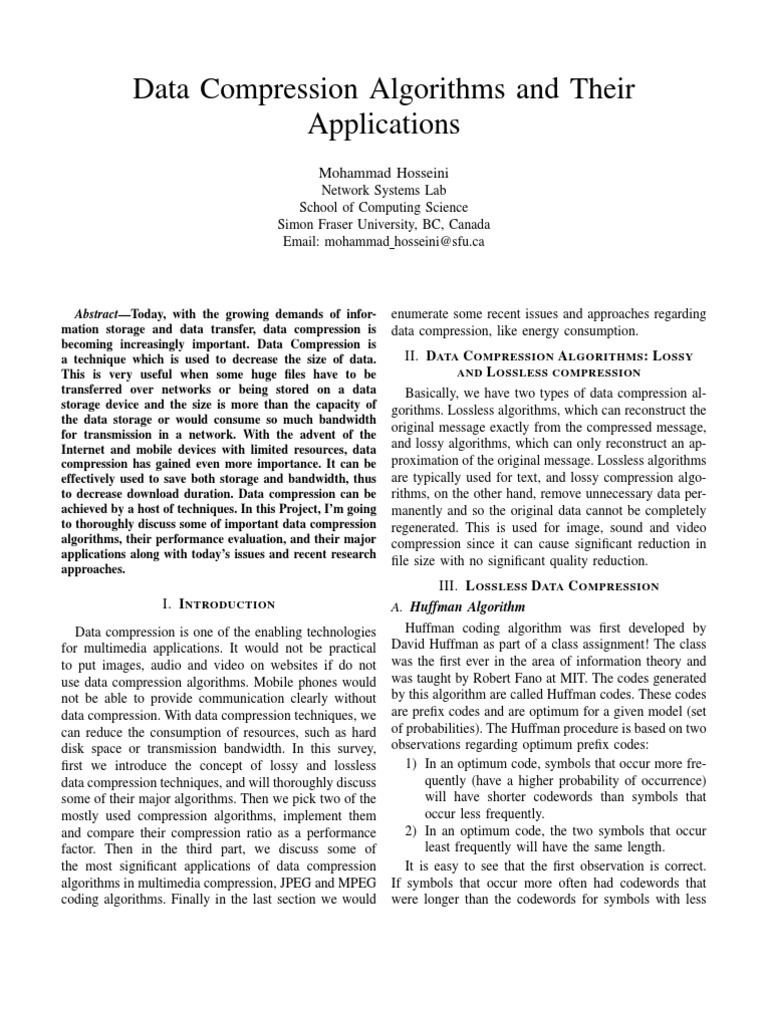 Data Compression Algorithms And Their Applications Pdf Data