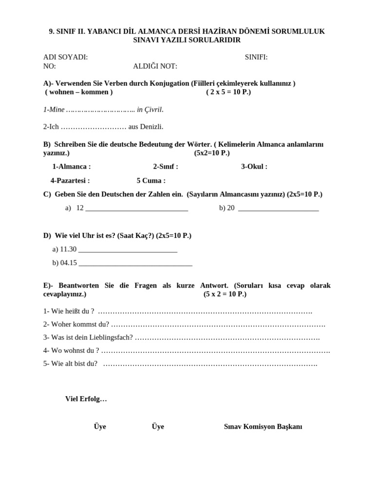 Almanca Dersi 2 9 Sinif Donem Sorumluluk | PDF