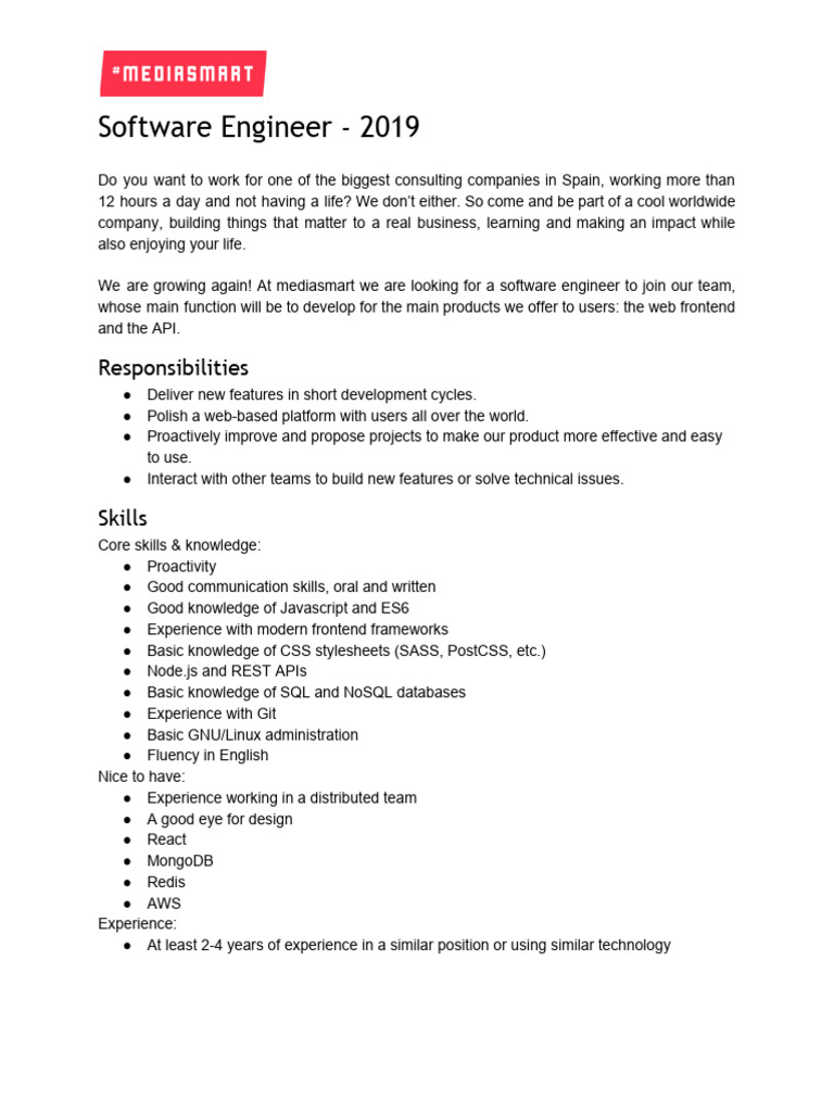 Software Engineer 2019 Mediasmart Job Offer | PDF