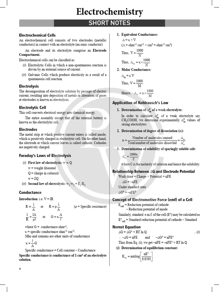Electrochemistry - Short Notes | PDF