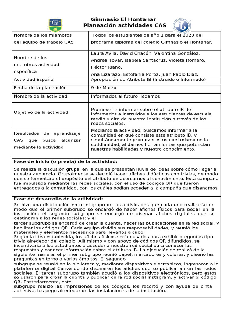 Planeación Actividades CAS 2023 Promover Atributos Ib Informados e ...