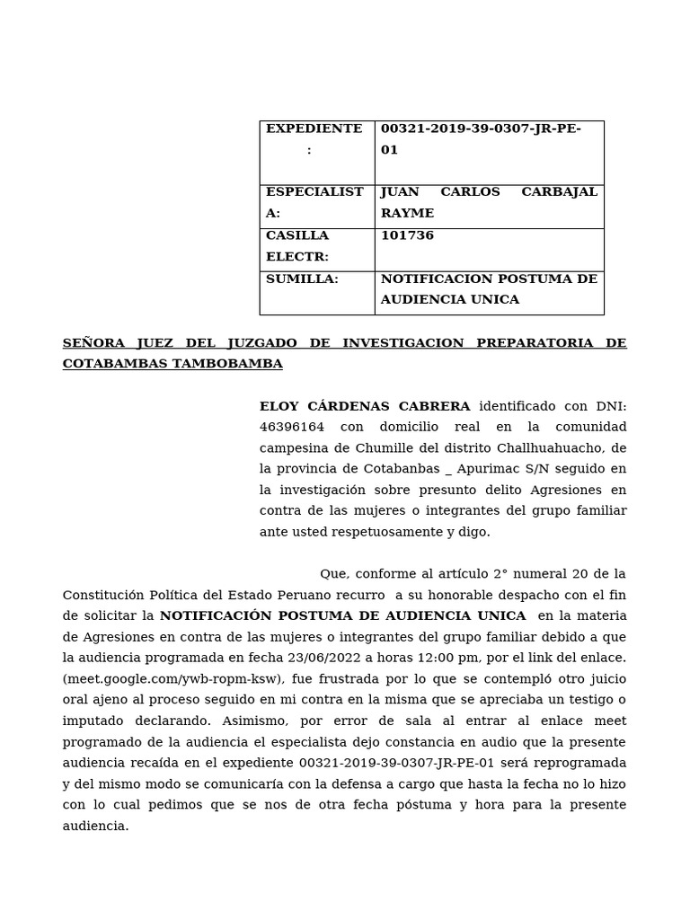 Escrito de Reprogramacion de Audiencia Postuma | PDF