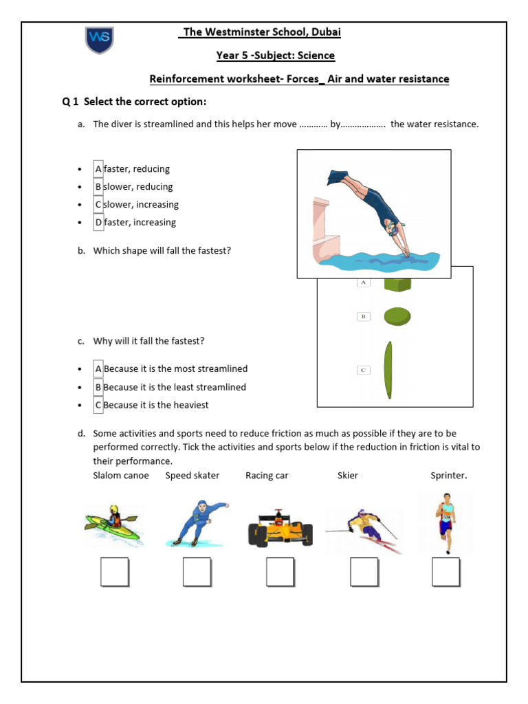 Year 5 Air and Water Resistance Worksheet | PDF | Parachute