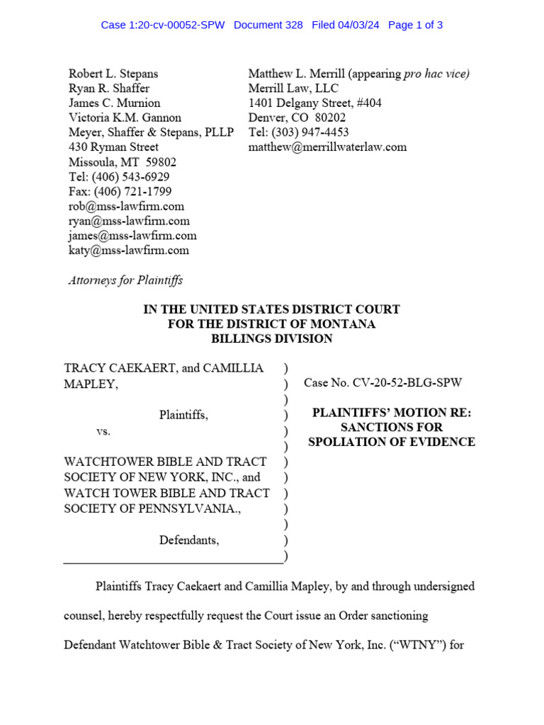 328 0 Plaintiffs Motion RESanctions For Spoilation of Evidence | PDF | Justice | Law