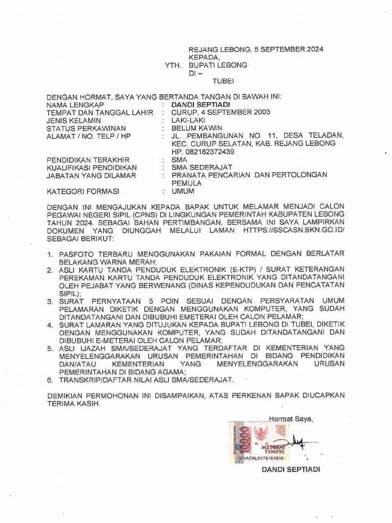 Surat Lamaran Dandi | PDF