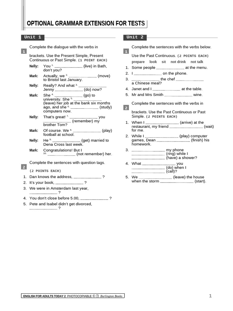 EngAdultsToday2 TM GrammarExtensionTests | PDF