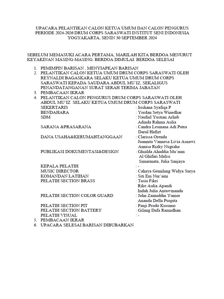 Rundown MC Pelantikan Pengurus Pelatih | PDF