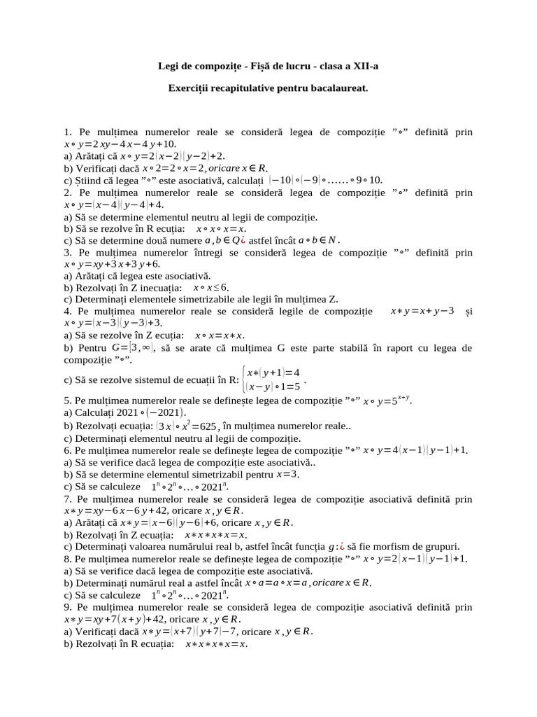 Legi de Compozite Fisa de Lucru Exercitii Recapitulative Pentru Bacalaureat | PDF