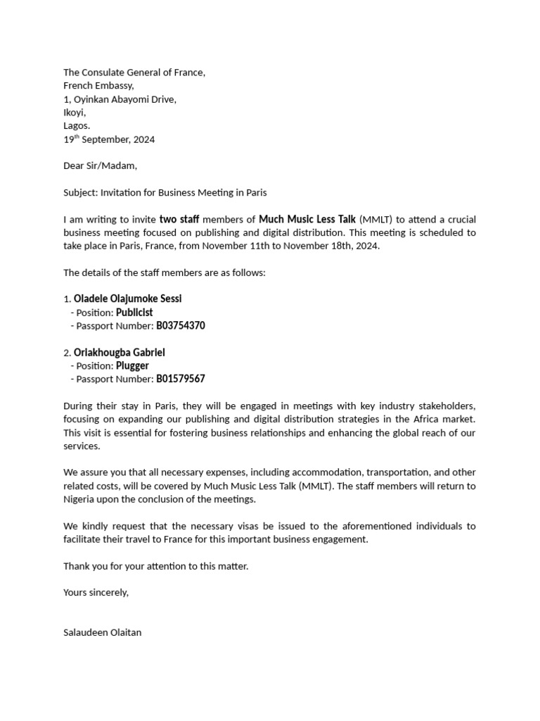 Invitation Letter Paris | PDF