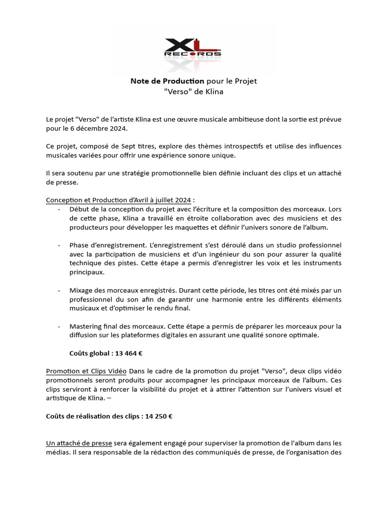 Note de Production EP | PDF