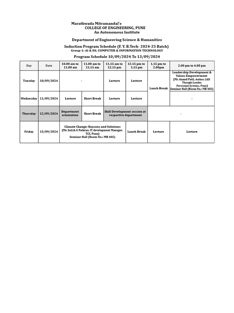 Induction Timetable-Group-1 (Comp, IT & AI & DS) | PDF