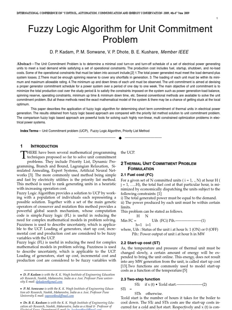 Fuzzy Logic Algorithm For Unit Commitment Problem Pdf Fuzzy Logic Mathematical Optimization