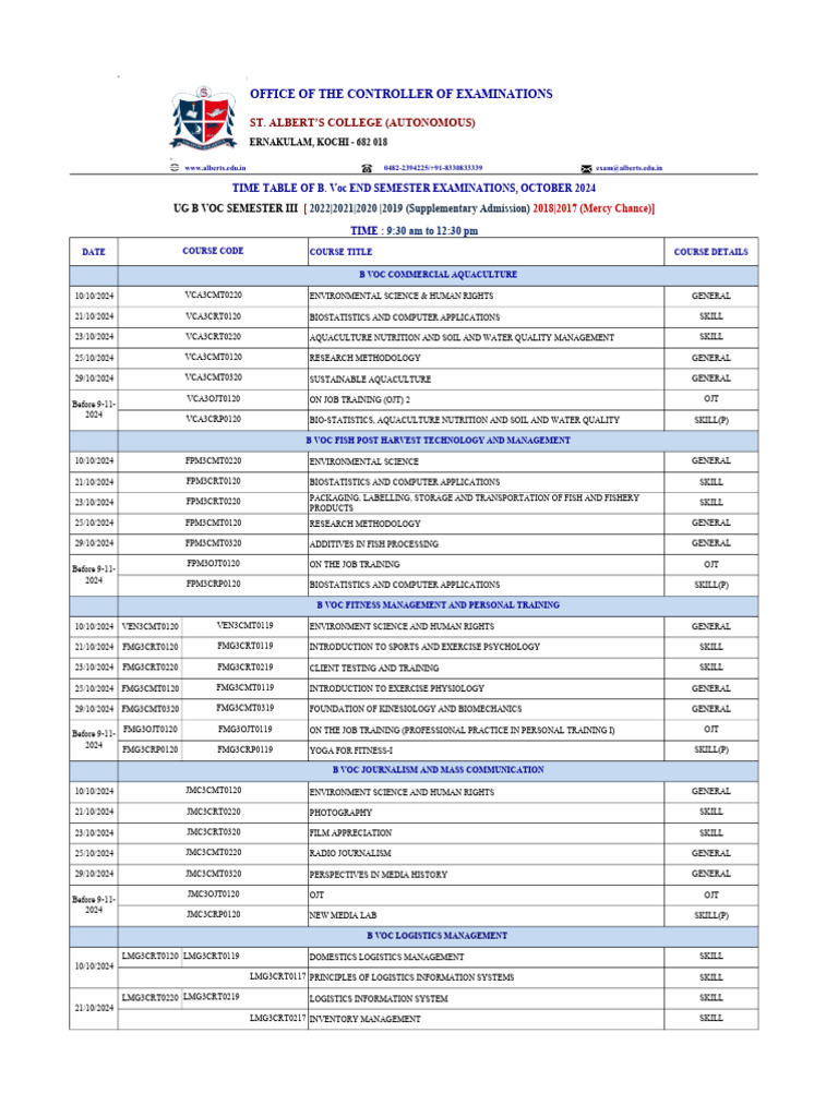 Time Table B. Voc Supplementary Admission | PDF | Logistics