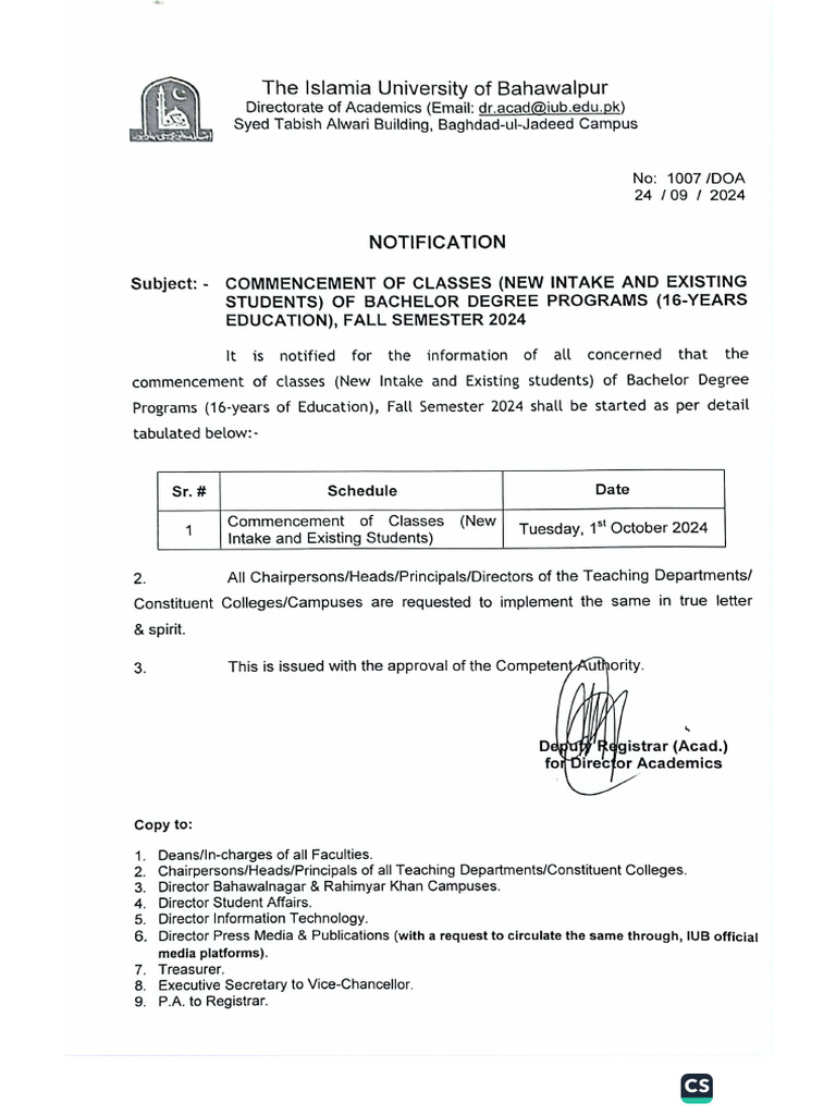 Commencement of Classes FALL Semester 2024 | PDF