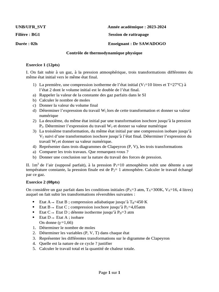 Devoir de Thermo Rattrapage BG2 | PDF