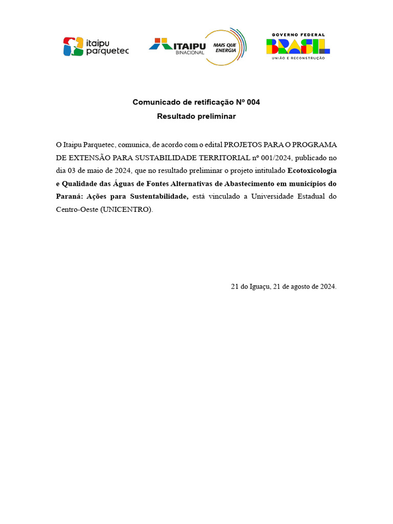 Comunicado de Retificacao No 004 | PDF