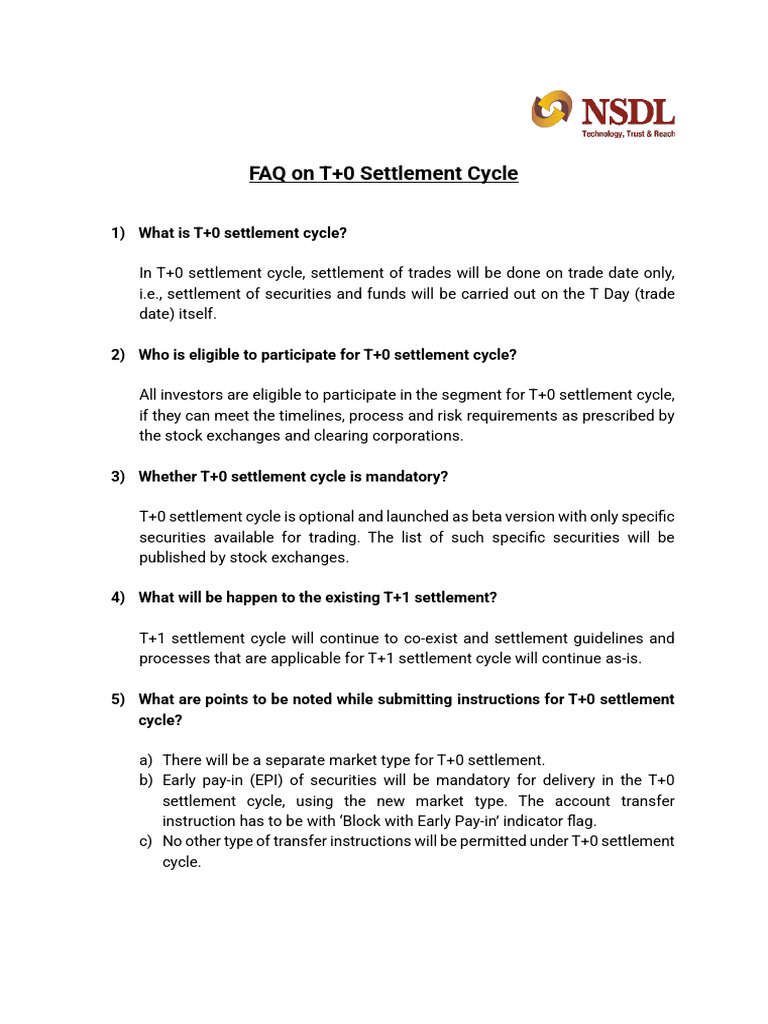FAQs On T+0 Settlement Cycle | PDF | Securities (Finance) | Finance & Money Management