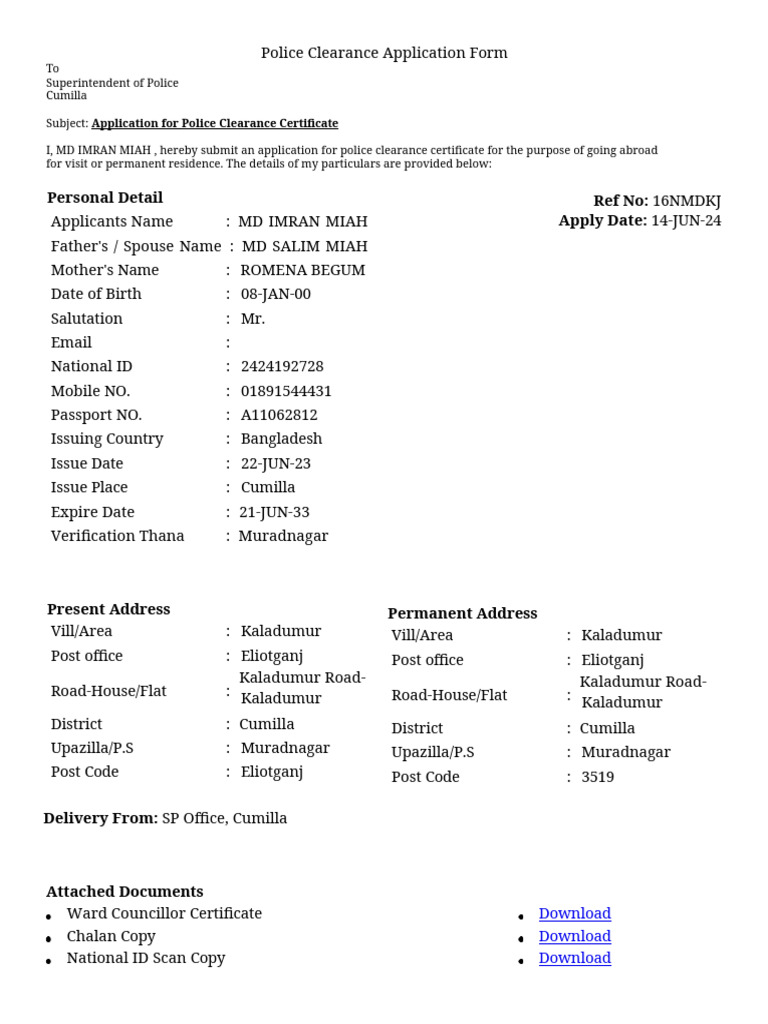 Personal Detail Ref No: Apply Date:: Application For Police Clearance ...