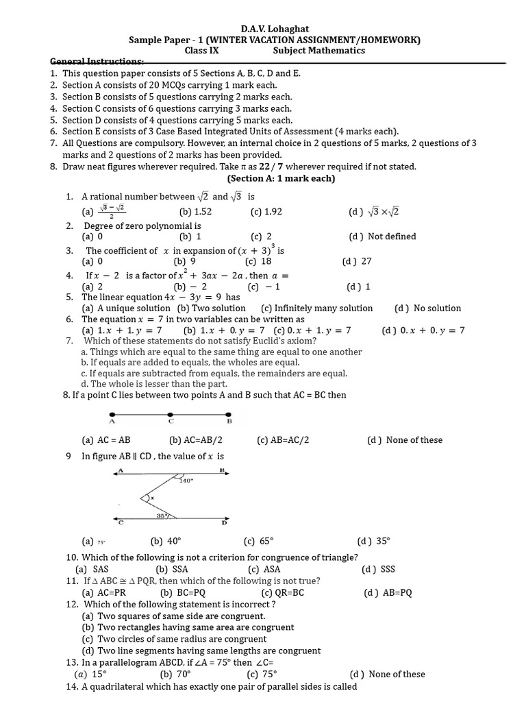 IX Maths Sample Paper 1 | PDF