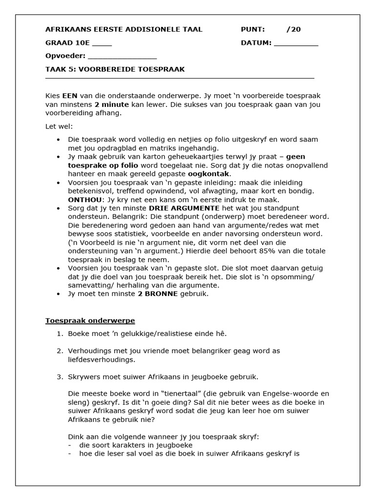 Gr. 10 EAT Taak 4 Voorbereide Toespraak | PDF