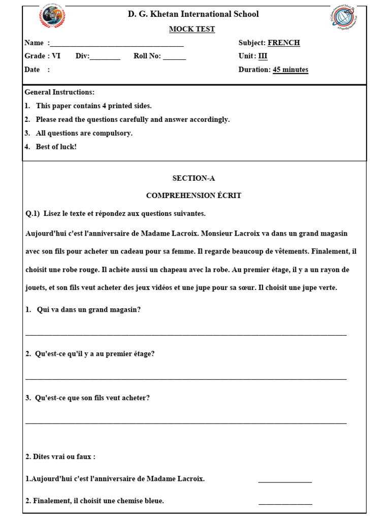 Grade 6 - French Mock Test - Unit 4 | PDF