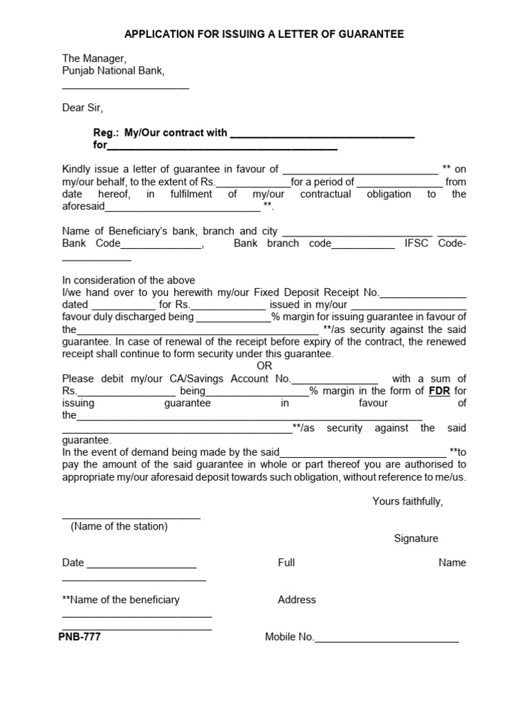 PNB-777 Application For Issuing Letter of Guarantee | PDF