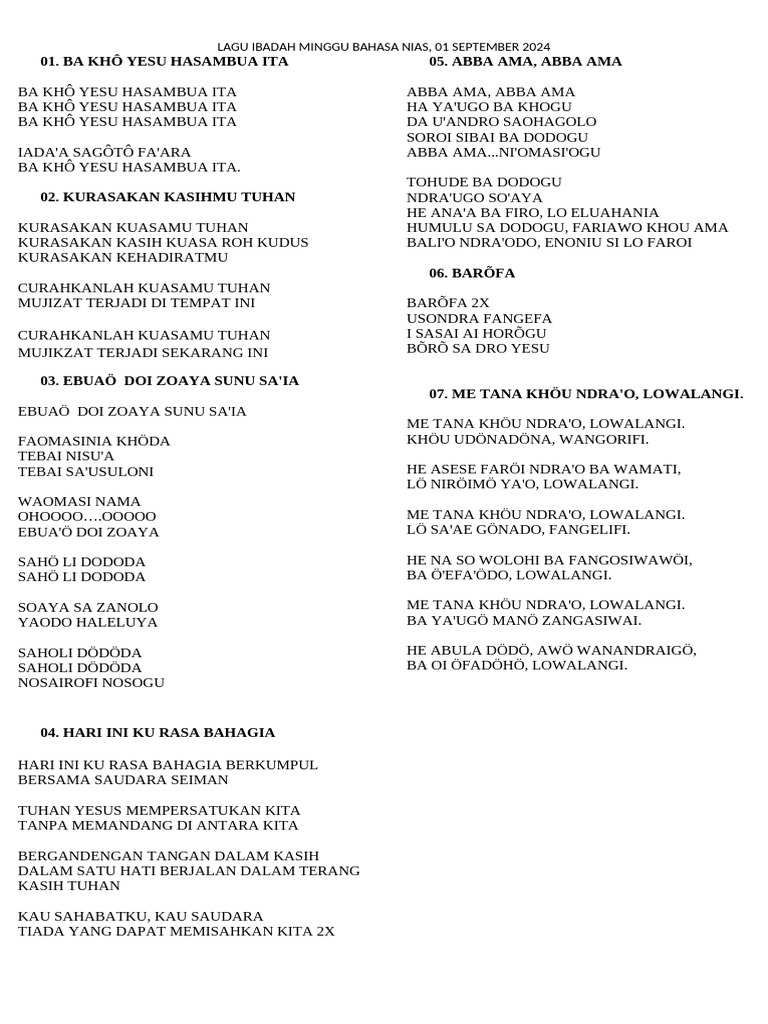 Lagu Ibadah Minggu Bahasa Nias | PDF | Language Arts & Discipline ...