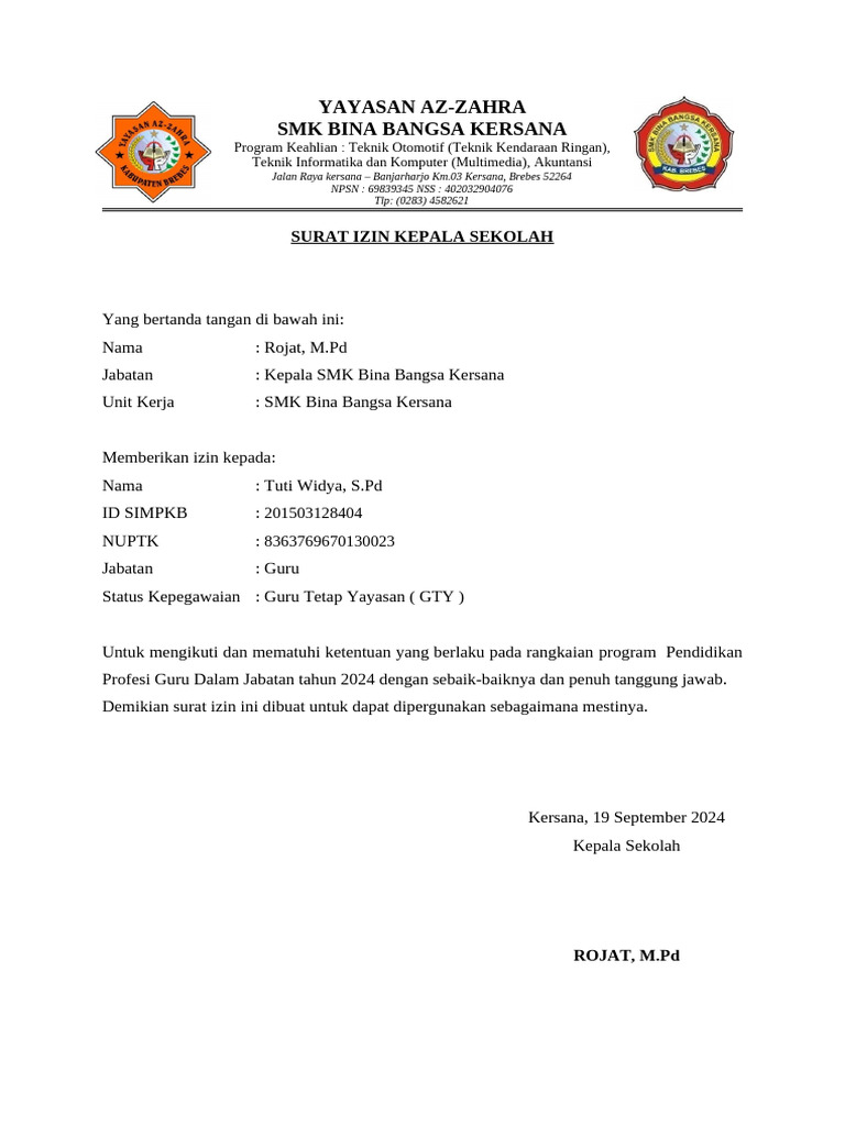 Surat Izin Kepala Sekolah | PDF