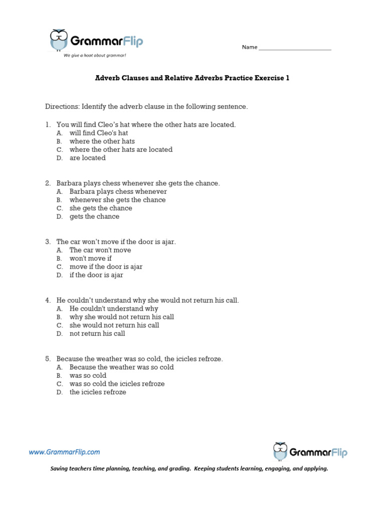 Adverb Clauses and Relative Adverbs GrammarFlip Worksheet PE1 | PDF