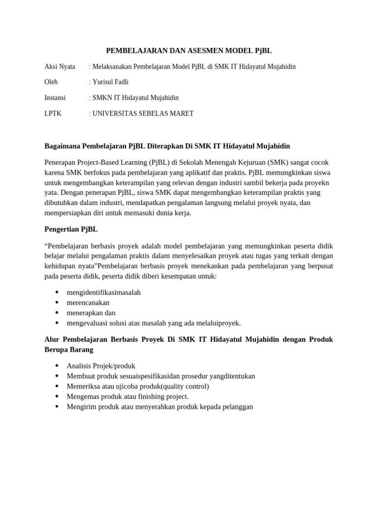 PEMBELAJARAN DAN ASESMEN MODEL PJBL | PDF