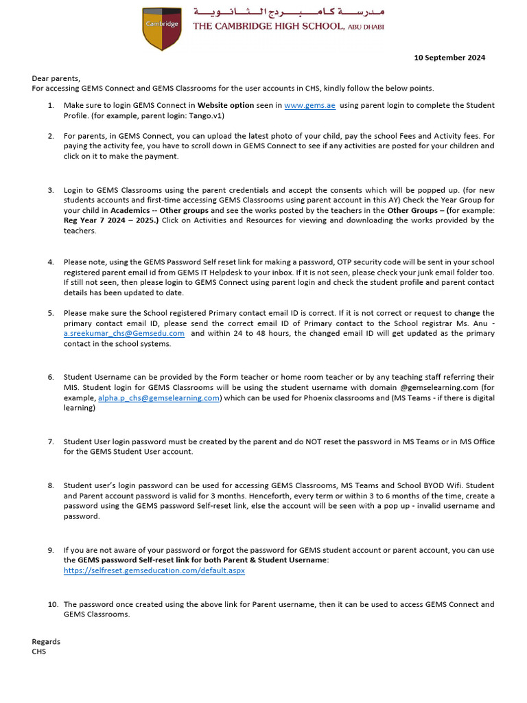 Check List For Accessing GEMS Connect and GEMS Classrooms | PDF