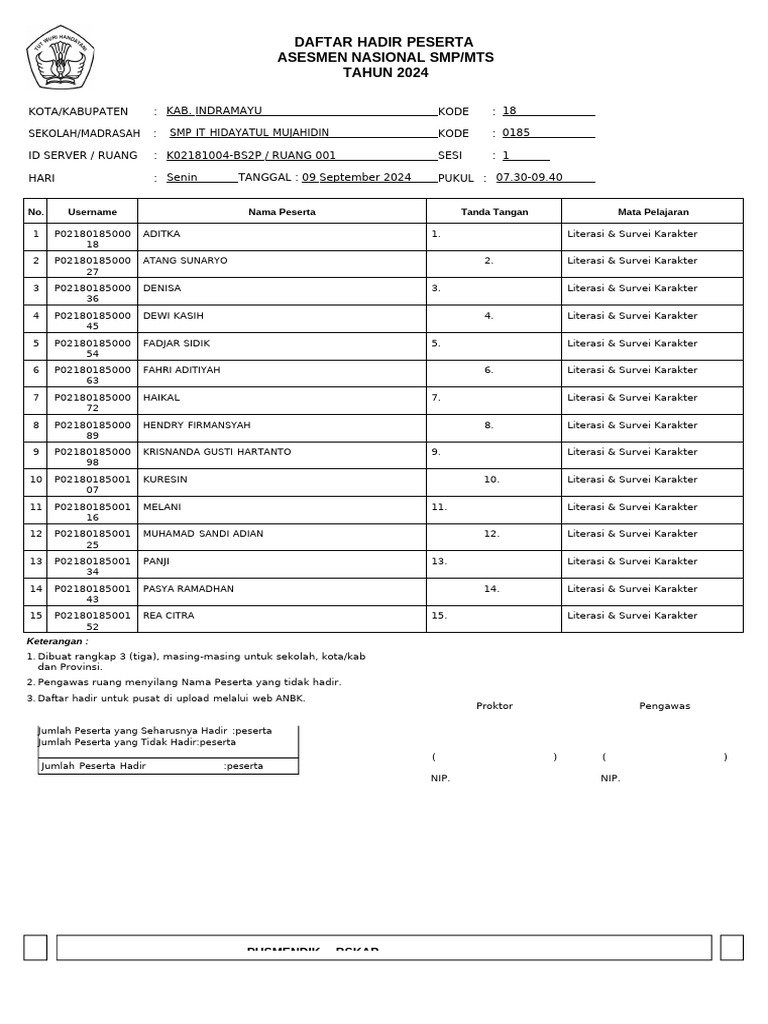 Asesmen Nasional - Tahun 2024 Daftar Hadir Anbk Asli | PDF