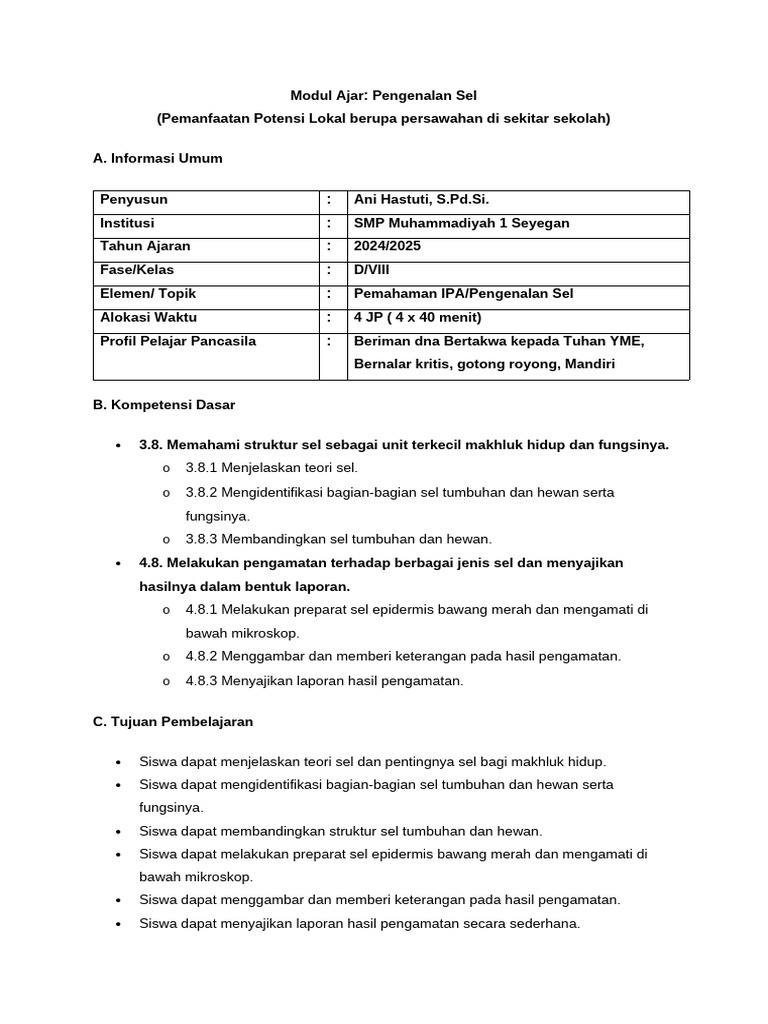Modul Ajar-Pengenalan Sel-8 | PDF Modul Ajar-Pengenalan Sel-8 | PDF