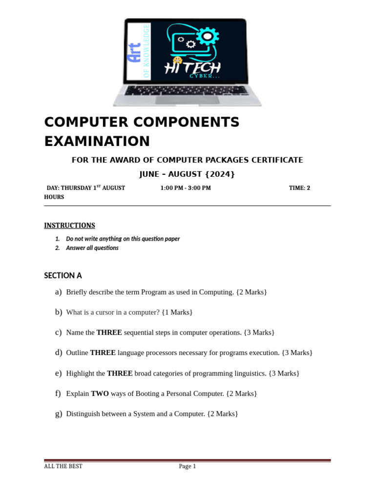 EXAM1 Computer Components2024 | PDF