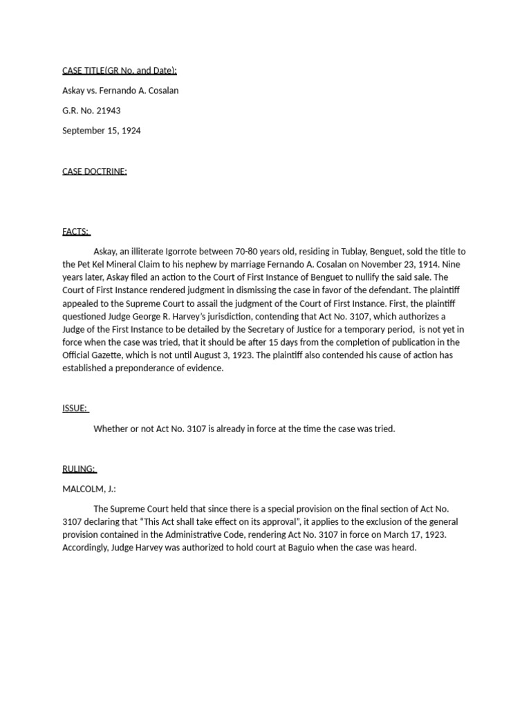 Askay V Cosalan CASE DIGEST | PDF