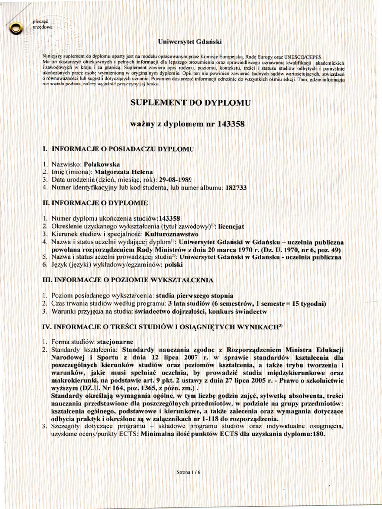 Suplement Licencjatu | PDF