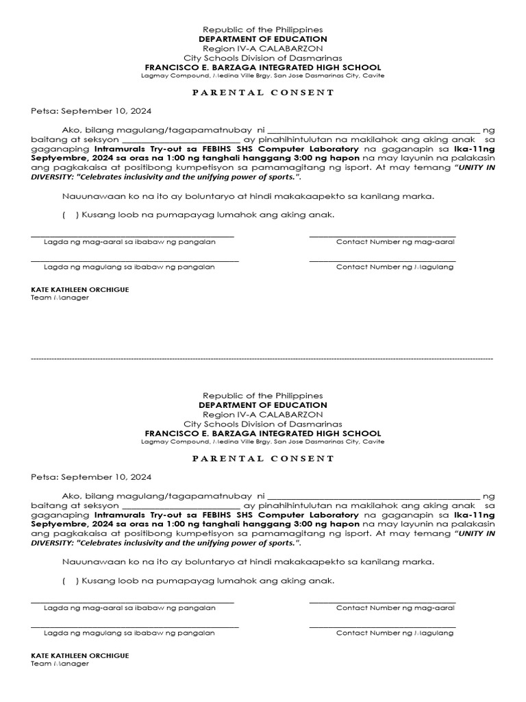 Parental Consent Intrams Try Out | PDF