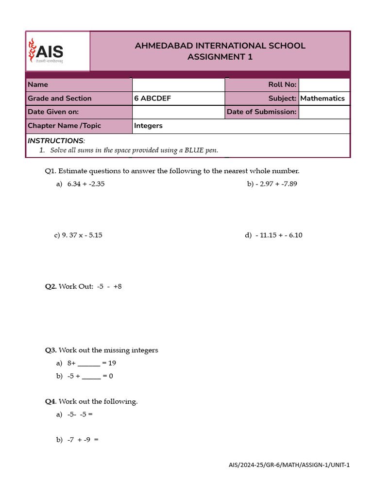 Toddle AIS - 2024 25 - GR 6 - MATH - ASSIGN 1 - UNIT 1 | PDF