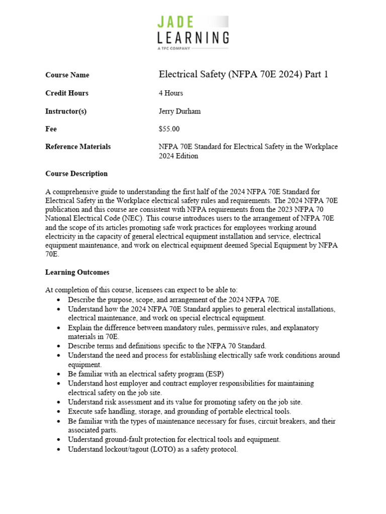 Electrical Safety (NFPA 70E 2024) Part 1: Course Name Credit Hours Instructor(s) Fee Reference ...