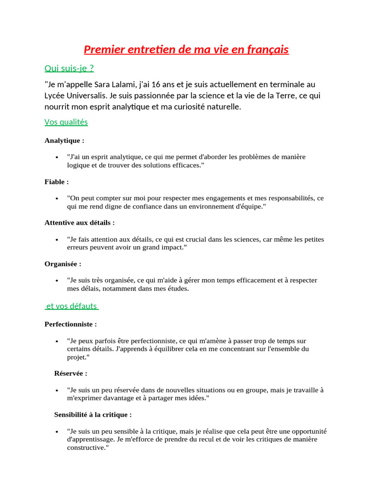 Premier Entretien de Ma Vie en Français | PDF