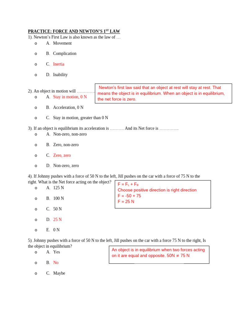 Practice Newton 1-2-3 Laws - Key | PDF