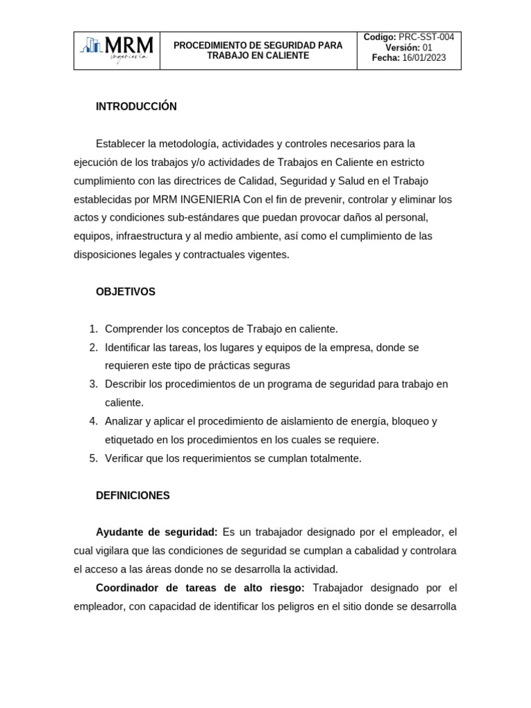 PRC-SST-004 Procedimiento para Trabajo en Caliente | PDF