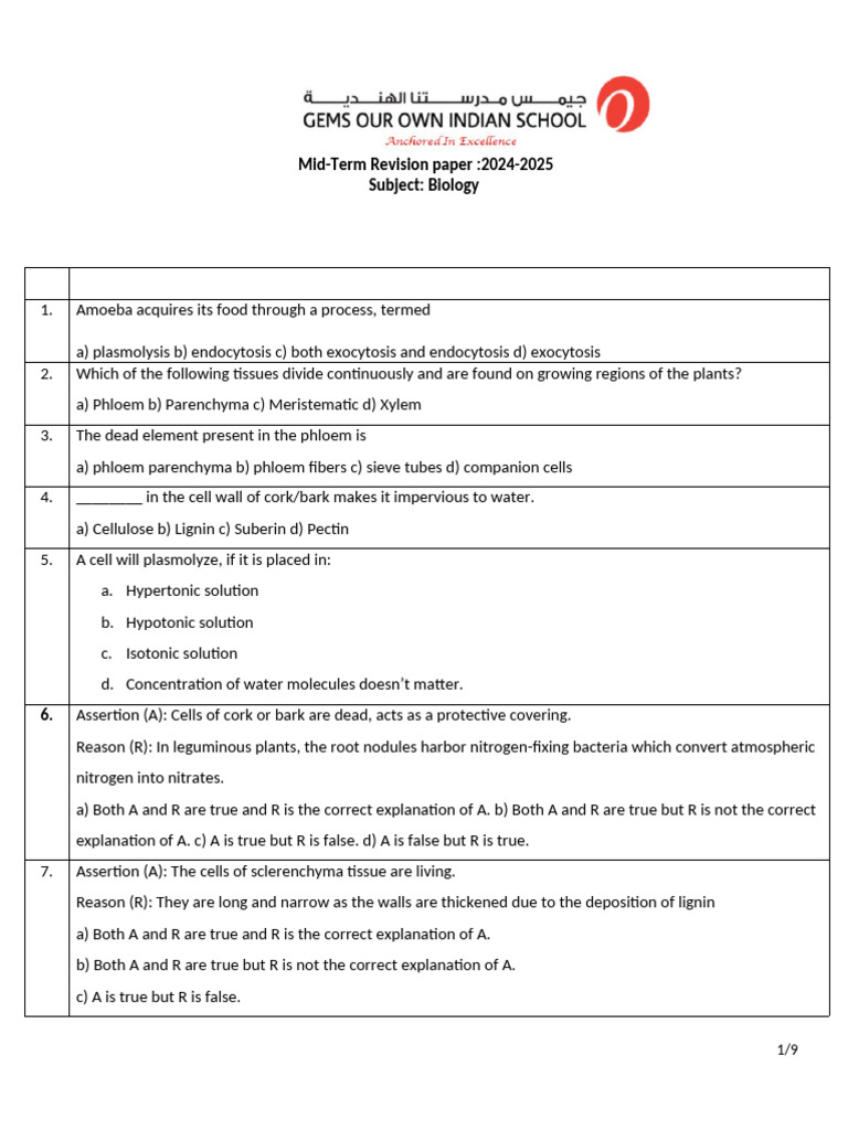 REVISION PAPER Mid-Term Biology 2024-2025 | PDF