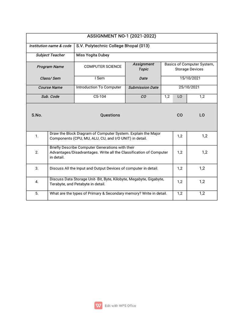 Assignment 1 of Introduction To Computer | PDF