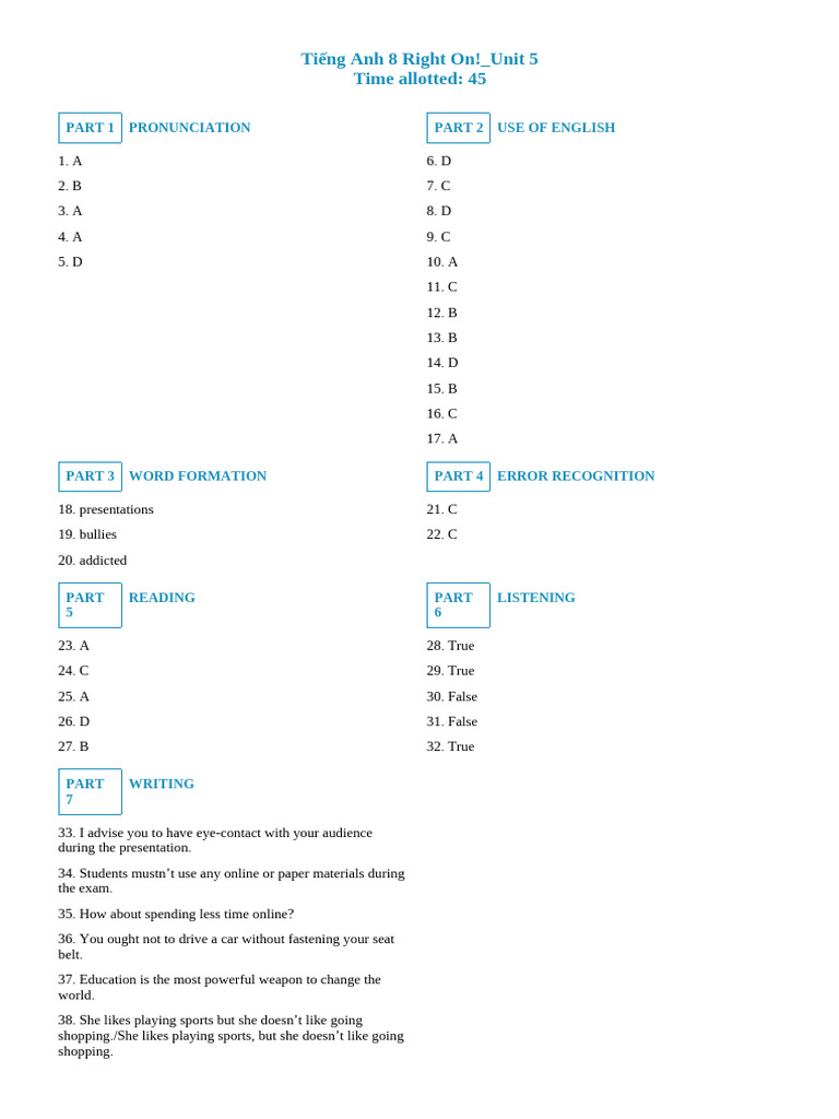 The Answers RO8 U5 | PDF